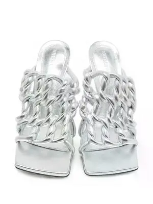 Bottega Veneta Tone Metallic Leather Intrecciato Woven Stiletto Heeled Sandals