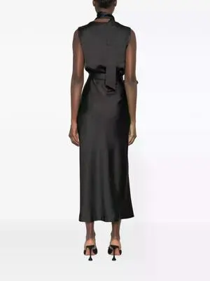 Imperial Satin Sleeveless V-neck Belted Wrap Dress With Front Slit - Black