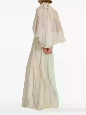 Alberta Ferretti Ruffled Silk Cape Maxi Dress - White