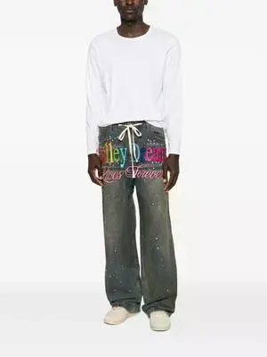 VALE FOREVER Crystal Embellished Embroidered Wide Leg Jeans