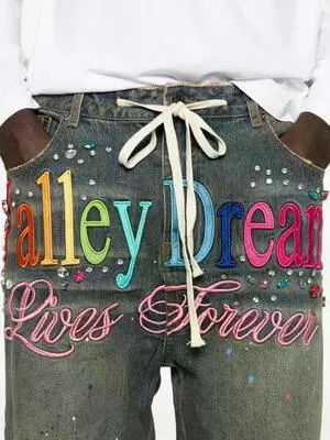 VALE FOREVER Crystal Embellished Embroidered Wide Leg Jeans