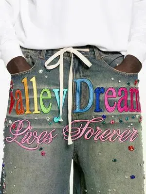 VALE FOREVER Crystal Embellished Embroidered Denim Shorts
