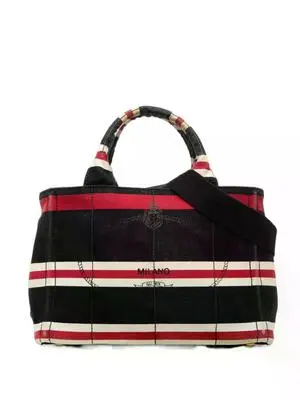 Prada 2013-2026 Small Canvas Canapa Logo Stripes Tote Satchel - Black