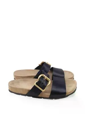 Prada Black Satin Double Strap Slide Sandals With Gold Tone Buckle - Blue