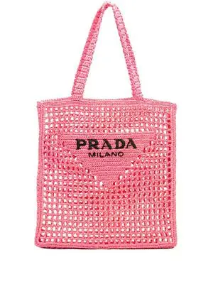 Prada 2013-2026 Raffia Effect Crochet Logo Embroidered Tote Bag - Pink