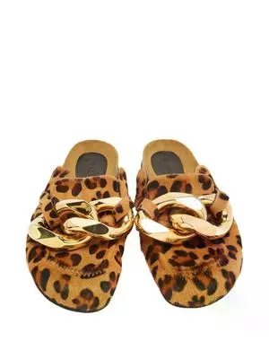 JW Anderson Leopard-print Calf Hair Mules With Gold-tone Chain Detail - Brown