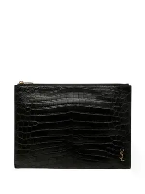 Saint Laurent 2020 Croc Embossed Leather Tiny Monogram Zipped Tablet Holder Clutch Bag - Black