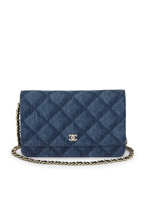 Chanel Denim Printed Wallet On Chain - Blue