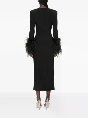 TWENTY FOURHAITCH Feather-trim Long-sleeve Midi Dress