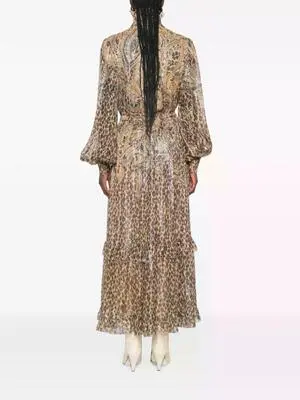 Etro Paisley And Leopard Print Maxi Dress With Ruffled Collar