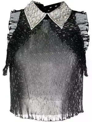 Alberta Ferretti Pleated Fil-coupé Top With Embellished Collar