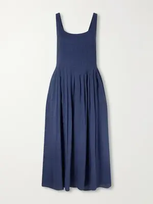 LA LIGNE Pleated Linen-blend Midi Dress - Blue