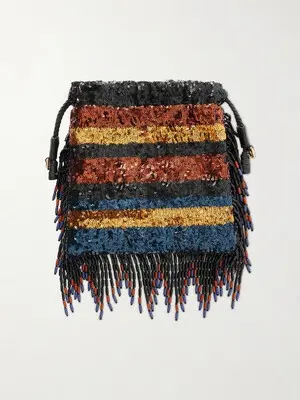 Etro Kalispera Fringed Bead-embellished Leather-trimmed Sequined Drawstring Bag