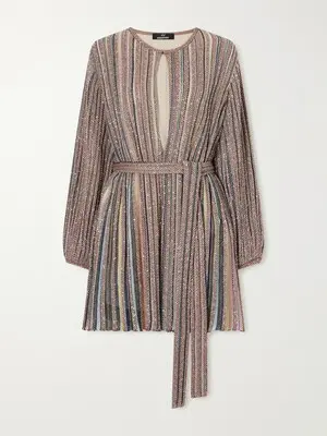 Missoni Belted Sequin-embellished Metallic Crochet-knit Mini Dress - Pink
