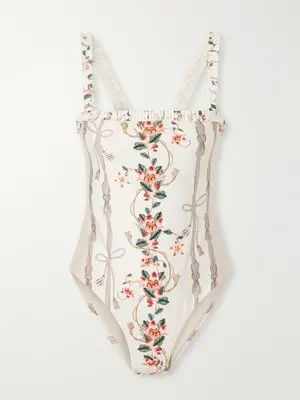 Agua Bendita Limón Navegante Floral-embroidered Recycled-blend Swimsuit - Neutrals