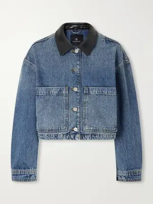 ANINE BING Yuma Cropped Denim Jacket With Leather Collar