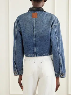 ANINE BING Yuma Cropped Denim Jacket With Leather Collar