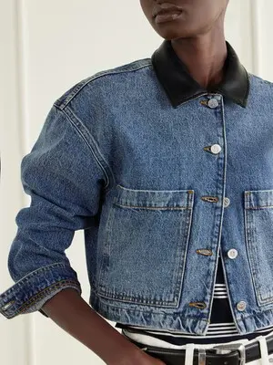 ANINE BING Yuma Cropped Denim Jacket With Leather Collar