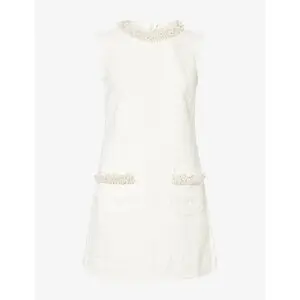SELF-PORTRAIT Pearl-embellished Denim Cotton Mini Dress