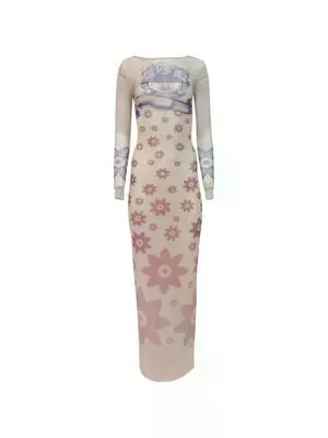 HOUSE OF AAMA Graphic And Floral Print Bodycon Maxi Dress - Neutrals