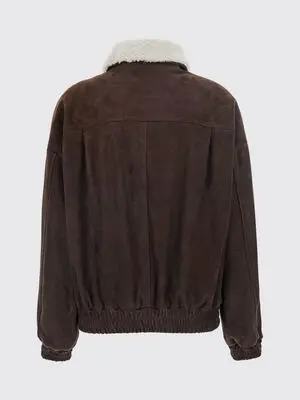 SEMICOUTURE Suede Leather Jacket With Fur Collar And Relaxed Fit