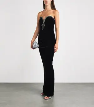 SELF-PORTRAIT Velvet Embellished Maxi Dress With Removable Brooch