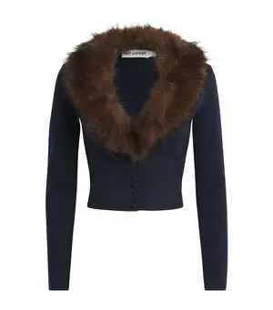 SELF-PORTRAIT Cropped Faux Fur-trim Cardigan - Navy
