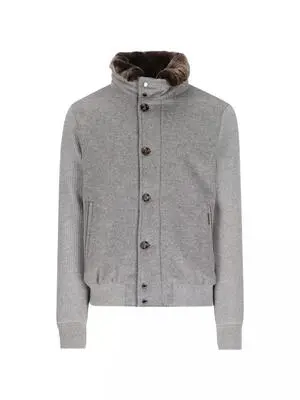 MOORER Ribbed-knit Sleeve Fur-collar Jacket - Grey