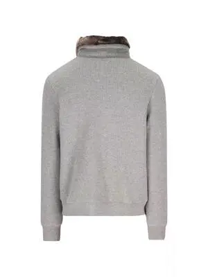 MOORER Ribbed-knit Sleeve Fur-collar Jacket