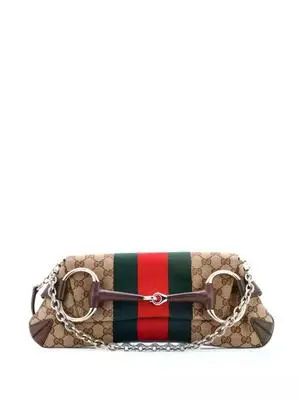 Gucci Horsebit Nm Web Chain Clutch Gg Canvas Medium Shoulder Bag - Brown