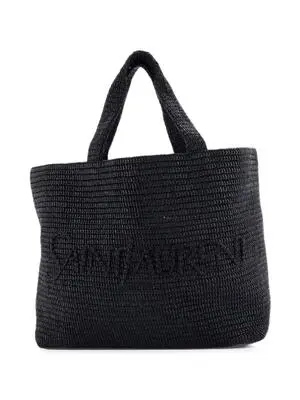 Saint Laurent Logo Embroidered Raffia Tote Bag - Black