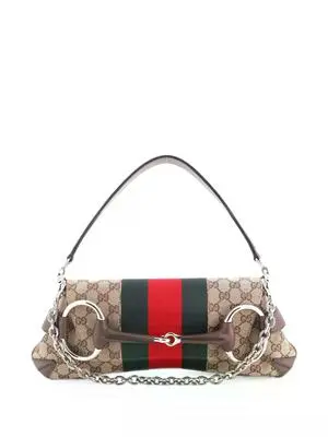 Gucci Horsebit Nm Web Chain Clutch Gg Canvas Medium Shoulder Bag - Brown