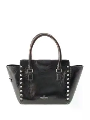 Valentino Garavani 2000-2017 Small Crinkled Calfskin Rockstud Double Handle Tote Satchel - Black