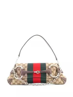 Gucci Horsebit Nm Web Chain Clutch Gg Canvas Medium Shoulder Bag - Brown