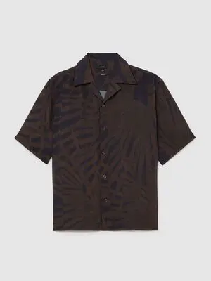 REISS Navy & Brown Plissé Printed Cuban-collar Shirt - Navy/brown