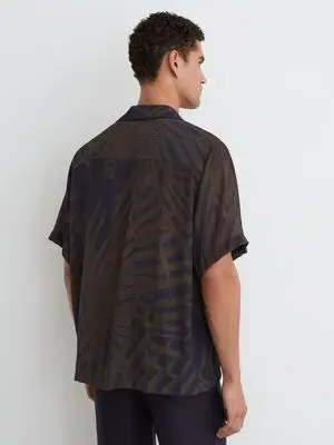 REISS Navy & Brown Plissé Printed Cuban-collar Shirt - Navy/brown