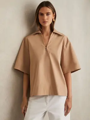 REISS Craft Stitch Collared Cotton Blend Top