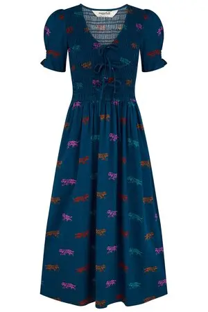SUGARHILL BRIGHTON Tiger Print Shirred Midi Dress - Blue