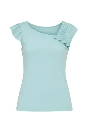 CONQUISTA Asymmetric Ruffle Sleeve Jersey Top – Aqua - Blue