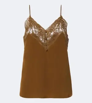 Saint Laurent Lace-trimmed Silk Crepe De Chine Camisole - Brown