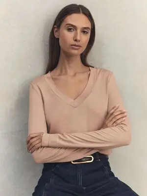 REISS Brady Camel Jersey V-neck Top, S Camel