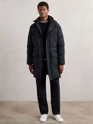 REISS Longline Quilted Puffer Jacket - Navy