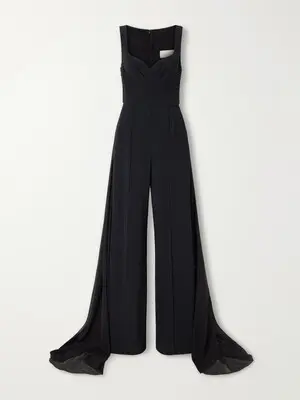 Elie Saab Ruched Chiffon-trimmed Silk-blend Cady Jumpsuit