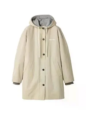 Miu Miu Single-breasted Panama Cotton And Fleece Caban Jacket With Hood - Neutrals