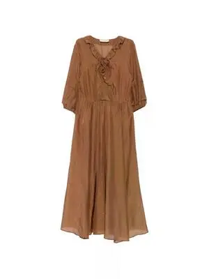 I BLUES Ruffle-trimmed V-neck Midi Dress - Brown