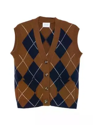BEYOU Argyle Knit Button-up Gilet - Brown