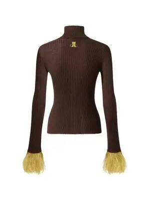 La DoubleJ Solid Cocoa In Ribbed Silk Cashmere With Feathers High Kick Top
