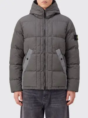 Stone Island Short Down Jacket With Hood And Compass Logo - Grey