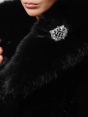 Philipp Plein Cropped Fox Fur Jacket With Crystal Embellishments - Black