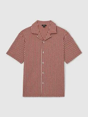 REISS Rust Red & White Textured-stripe Cuban-collar Shirt